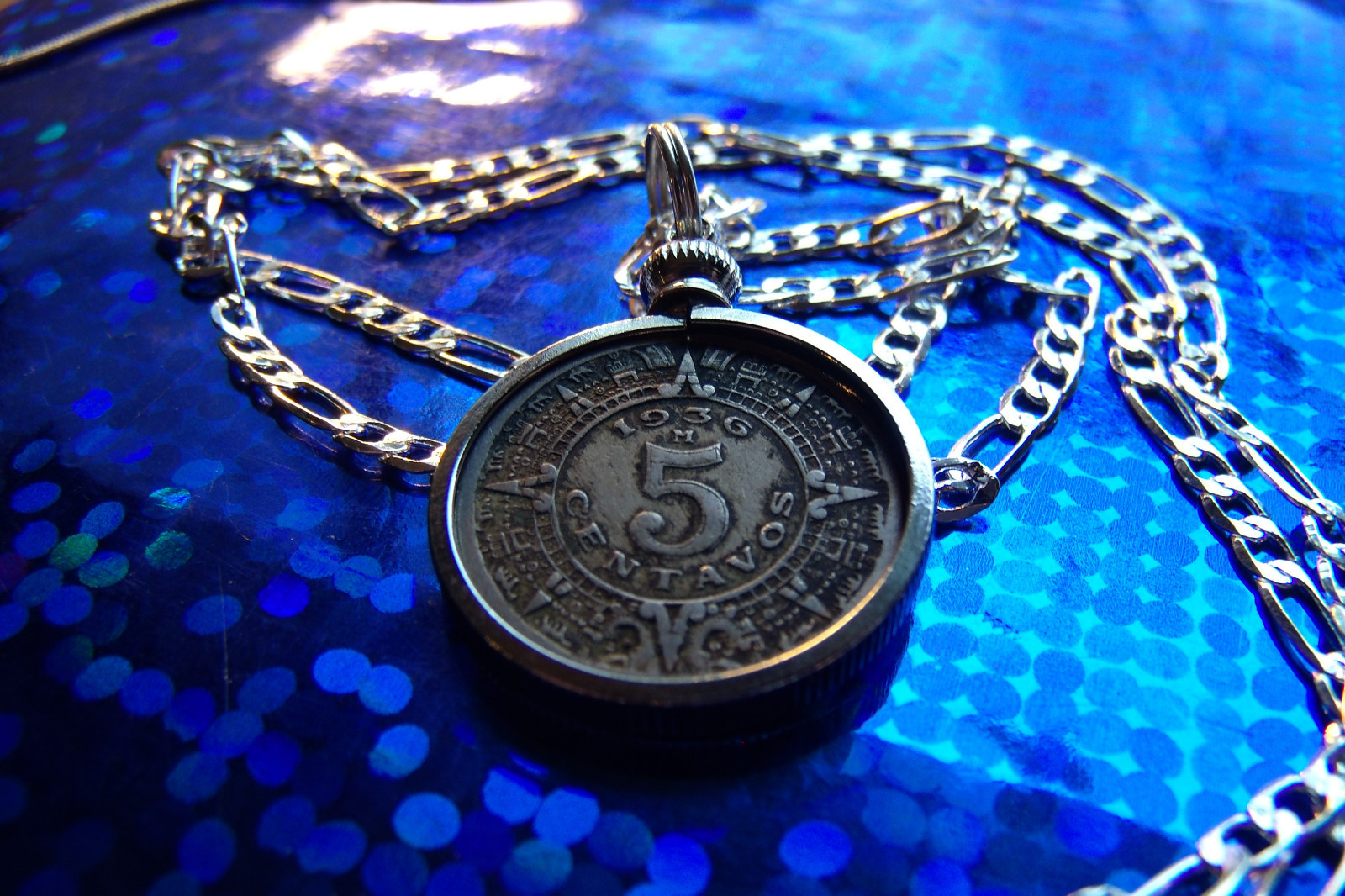 Pre 1945 Mexican Mayan Calendar Coin Pendant 24" Sterling Silver ITALY ...