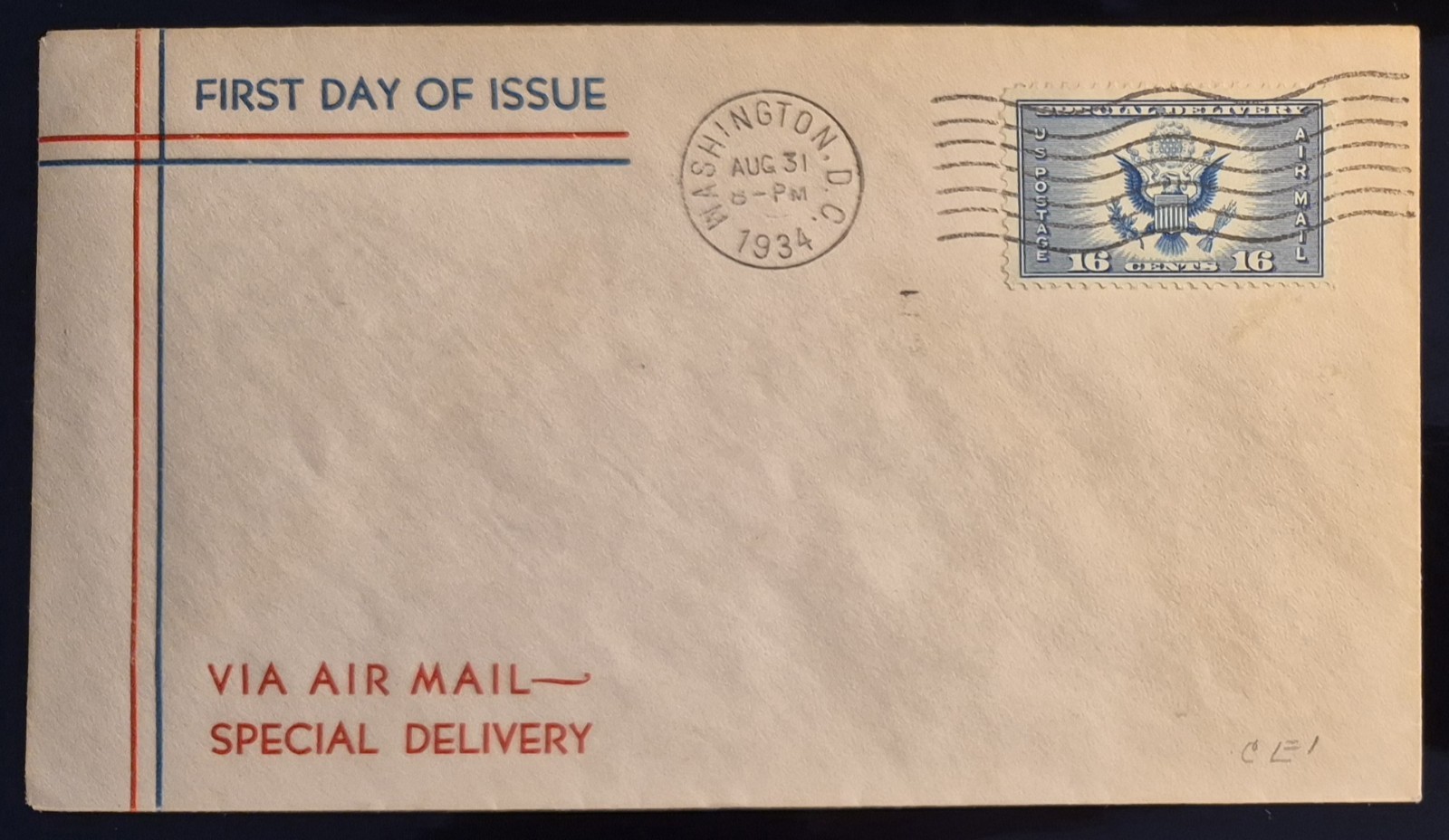 1934 US Special Delivery Airmail First Day Of Issue Scott CE1 16¢ Air ...