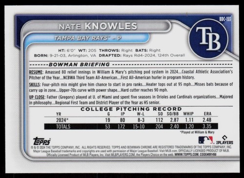 NATE KNOWLES 2024 BOWMAN DRAFT CHROME RC TAMPA BAY RAYS #BDC-153 1ST ...