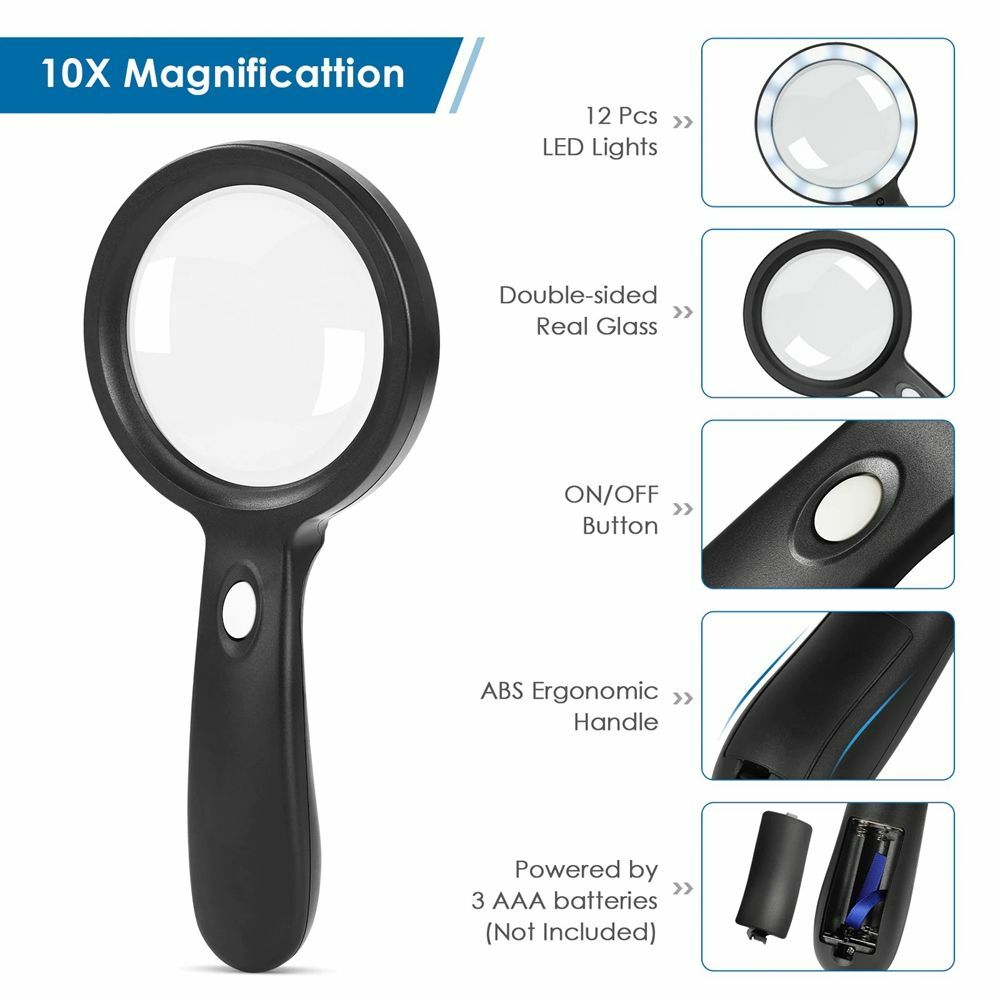 10X Hand Held Large Reading Magnifying Glasses with 12 LED Illuminated ...