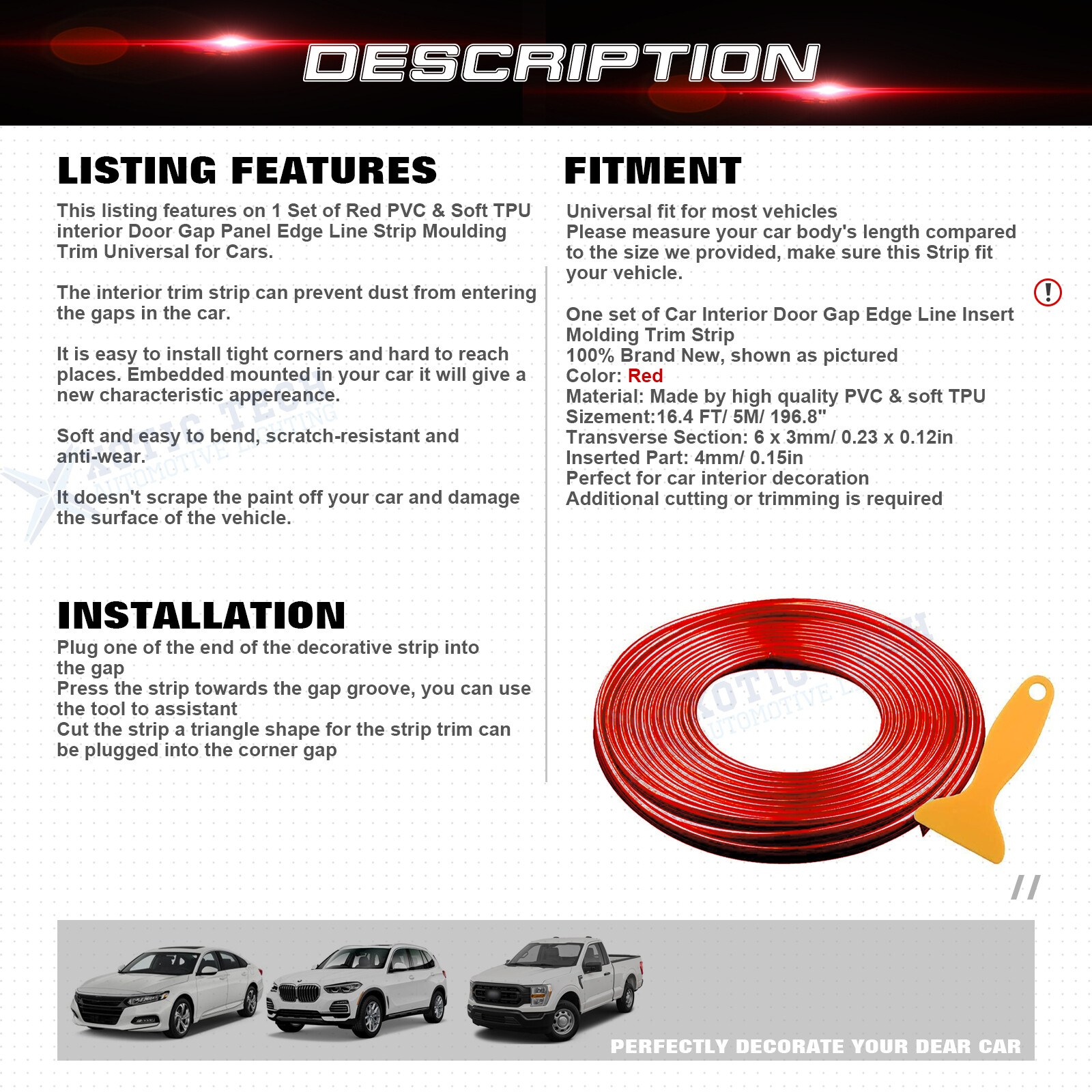 1 Set Red 5M Car Interior Door Gap Panel Edge Line Molding Trim Strip ...