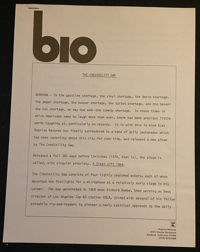 CREDIBILITY GAP 1973 LP PRESS KIT BIO INFO SHEETS W/FOLDER-DR. DEMENTO ...
