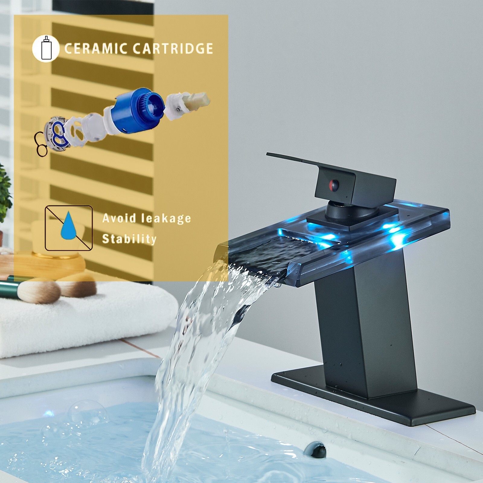 LED Black Waterfall Bathroom Sink Faucet Single Handle Basin Mixer Tap ...