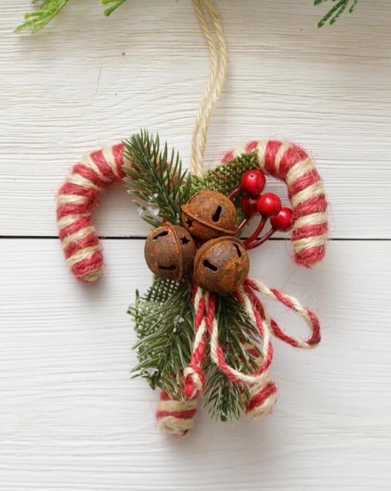 NEW Farmhouse CANDY CANE Christmas Ornament Twine Rusty Bells 4.5"Hx4.5 ...