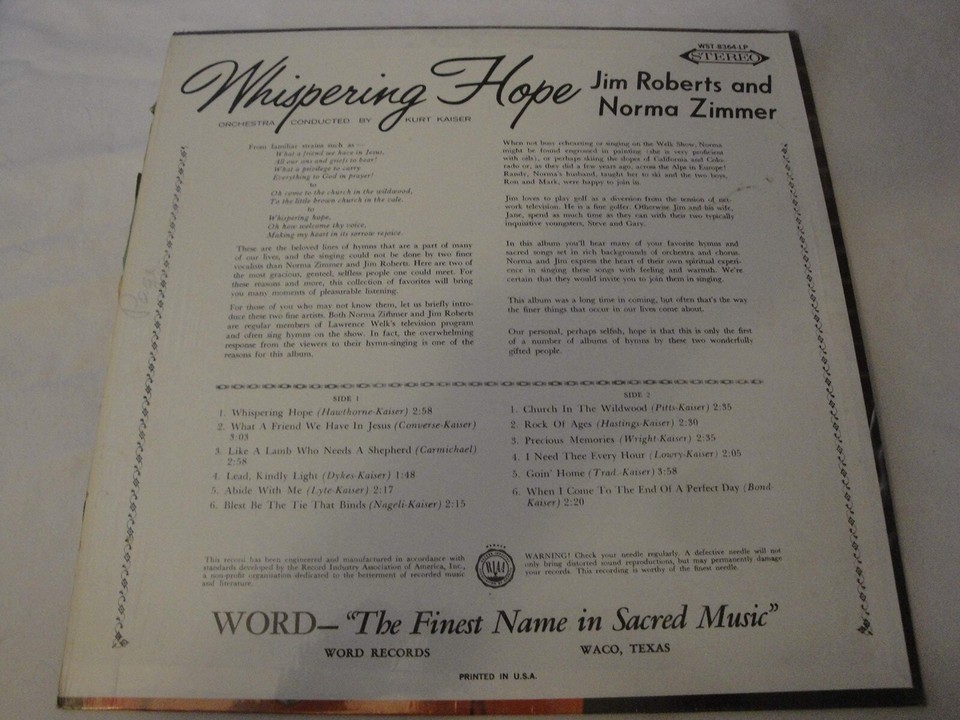 Norma Zimmer and Jim Roberts Whispering Hope by Word 33rpm VINYL LP ...