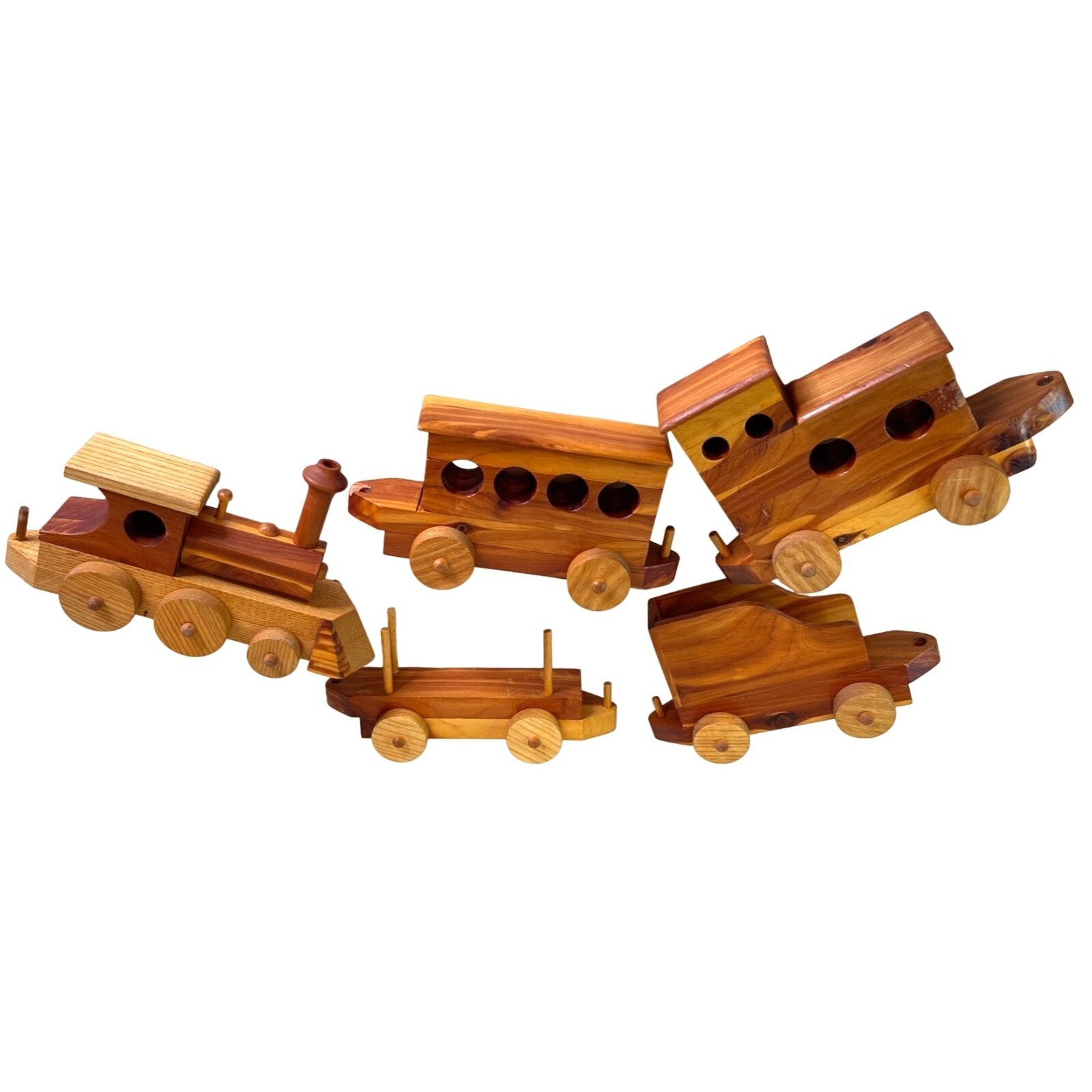 Wood Train Set Large 42” Long 5 Interlocking Cars Working Wheels ...