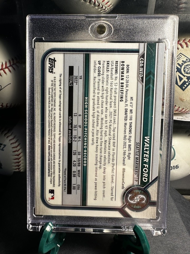 2022 Bowman Draft Walter Ford 1st 064/150 Blue Wave Autograph Mariners ...