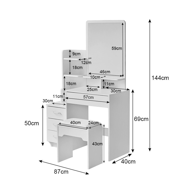 Contemporary Dressing Table Stool with Mirror Bedroom 4 drawers Bedroom ...