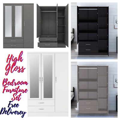 3 Door 2 Drawer Mirrored Wardrobe High Gloss White Grey Bedroom ...