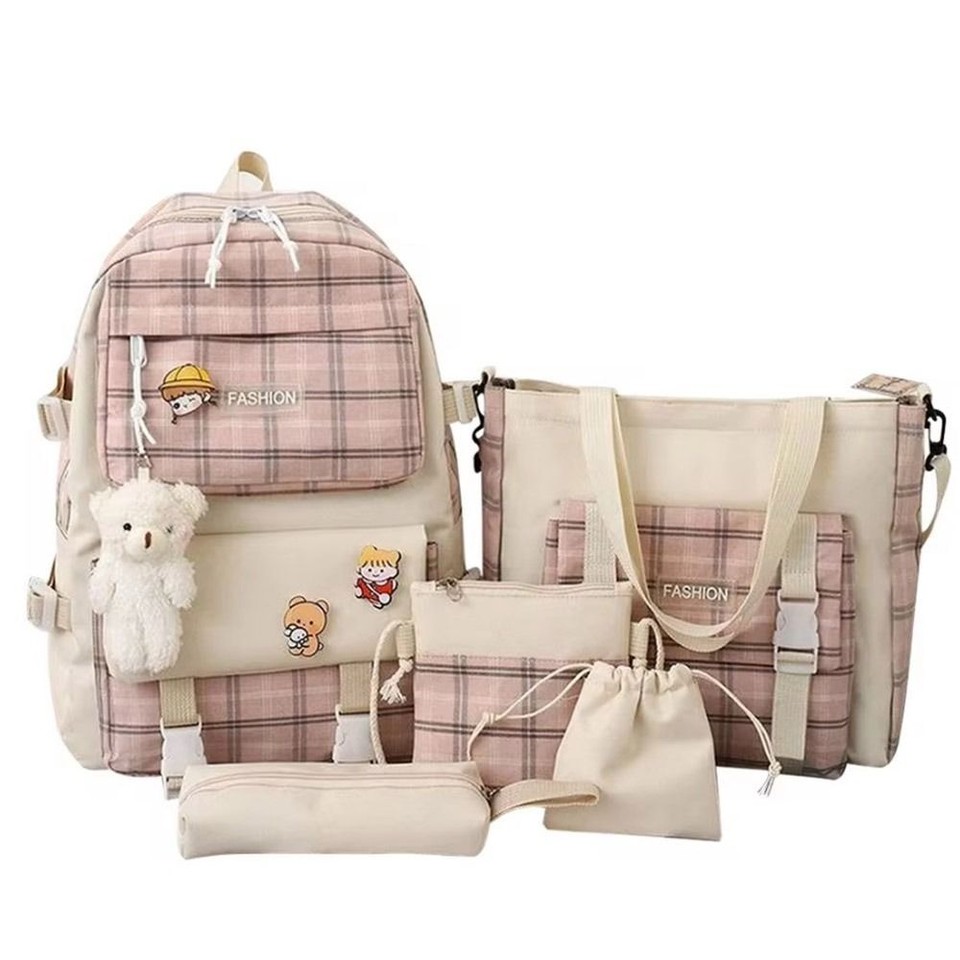 5Pcs/Set Korean Style Cute Plaid Backpack Student School Bag Unisex | eBay