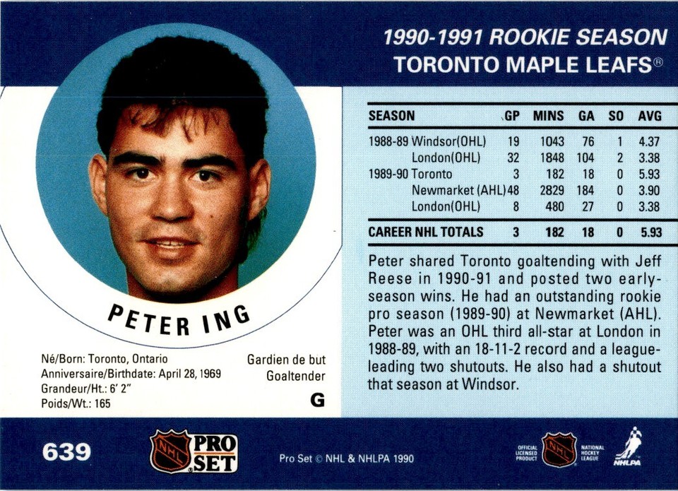 1990-91 Pro Set Peter Ing Rookie Toronto Maple Leafs #639 | eBay