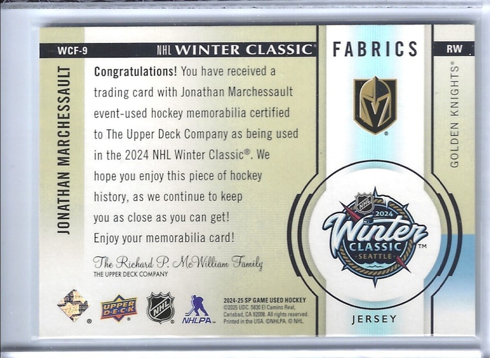 Jonathan Marchessault 2024-25 SP Game Used Winter Classic Fabrics ...