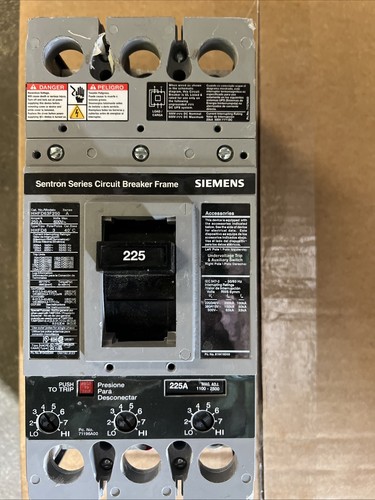 SIEMENS SENTRON 250A CIRCUIT BREAKER 3 POLE 600 VAC HFD63F250 W/ 225 ...