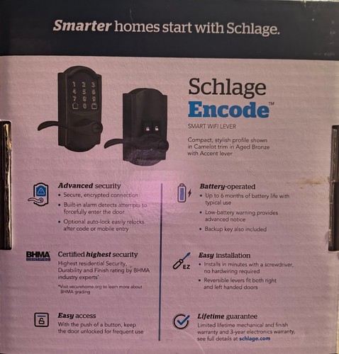 Schlage Camelot Aged Bronze Electronic Encode Smart WiFi Accent Lever w ...