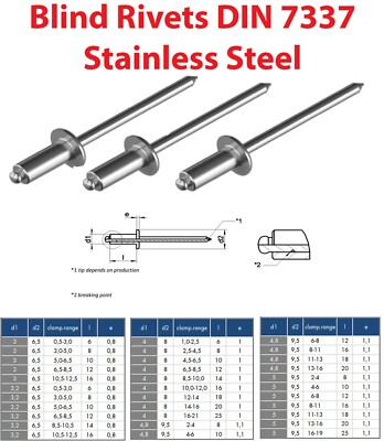 Pop Blind Rivets Stainless Steel Dome Head Type A DIN 7337 3, 3.2, 4, 4 ...