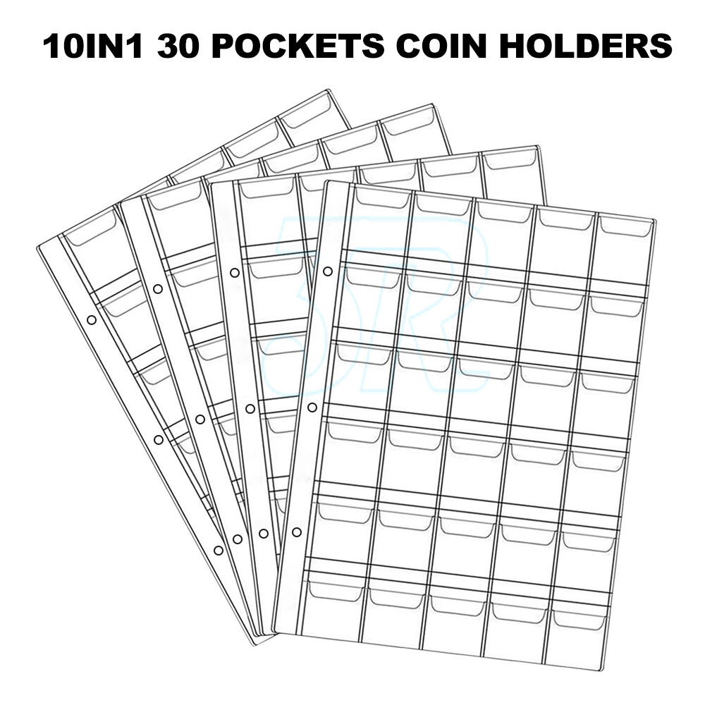 10x 30 Pockets Coin Holder Folder Pages Sheets For Collection Album ...