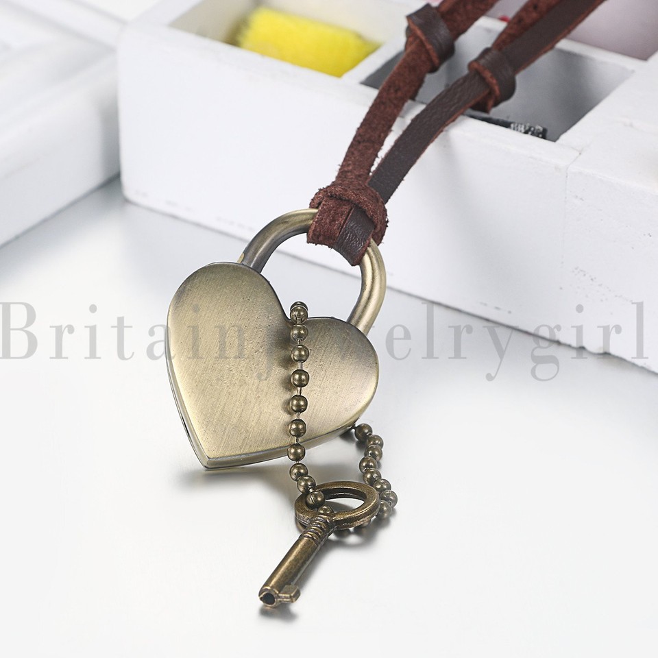 Mens Ladies Heart Locket Keys Pendant Adjustable Brown Leather Cord ...