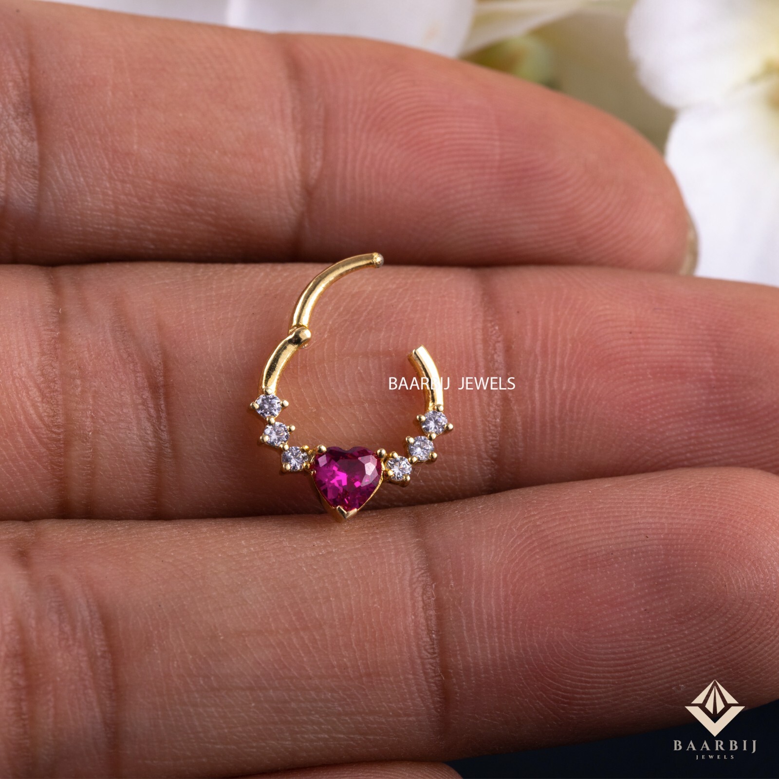 Ria 14K Septum Nose Ring Gold with Heart Pink CZ Diamond Clicker Daith ...