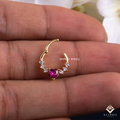 Ria 14K Septum Nose Ring in Gold with Heart Pink Diamond Clicker Daith Piercing | eBay