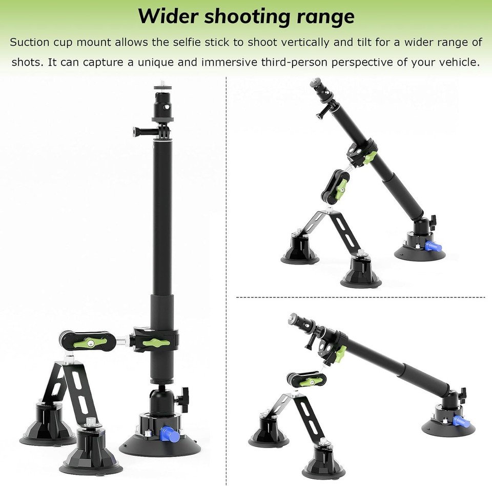 Triple Suction Cup 360 Camera Car Mount,with 2in1 Extension Pole/Selfie ...