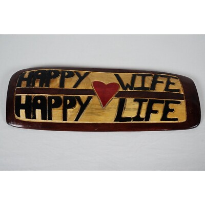 Happy Wife Happy Life Wooden Hand Carved Wall Art Plaque Vintage | eBay