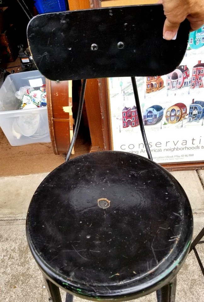 Stool - Antique c1918 Industrial CAST IRON & OAK WOOD w/ Back Rest -WW1 ...