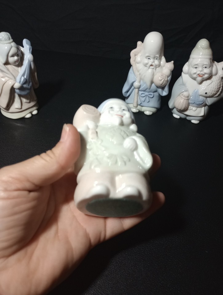 Pair of Yashimi K Porcelain Light Blue Dragon & 7 Lucky Gods Figurines ...