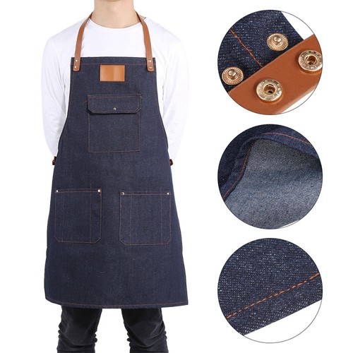 Denim Bib Apron Leather Strap Baker Bartender BBQ Chef Work Cook ...