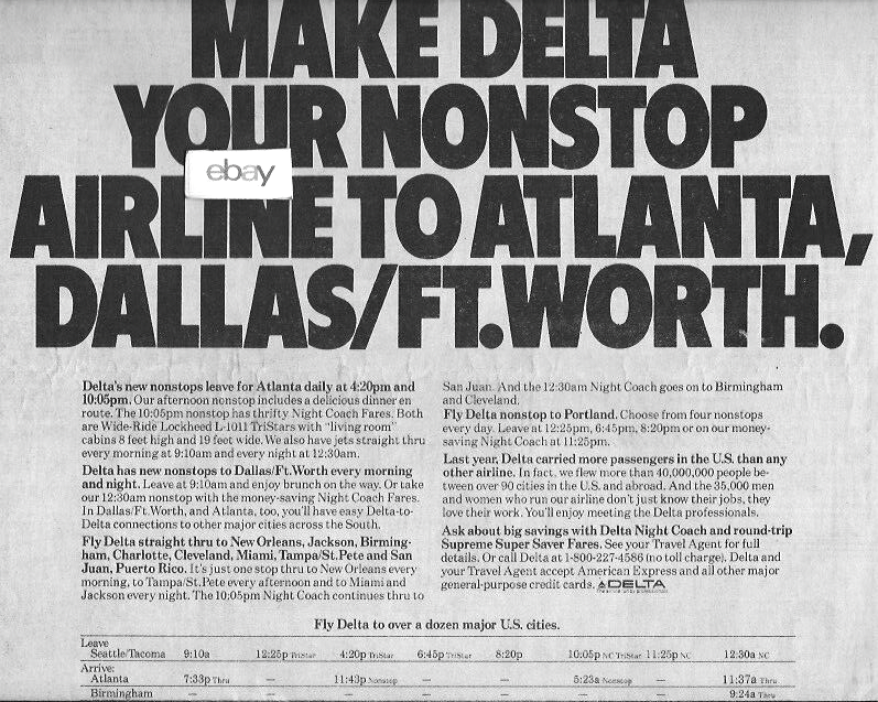 DELTA AIR LINES MAKE DELTA YOUR NONSTOP AIRLINE TO ATL-DFW SEATTLE L ...