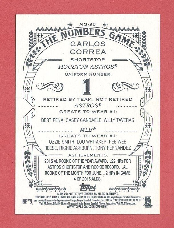 2016 TOPPS ALLEN & GINTER Carlos Correa SP "THE NUMBERS GAME" CHASE ...