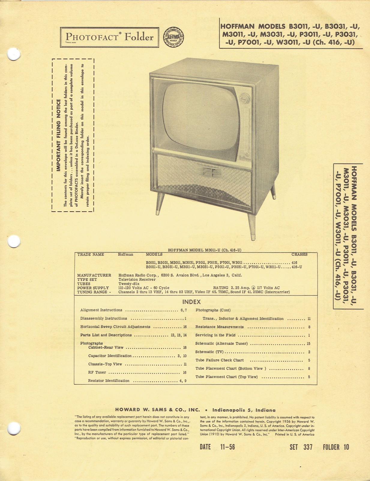 ORIGINAL 1956 Hoffman TV Models B3011 + service Manual PHOTOFACT ...