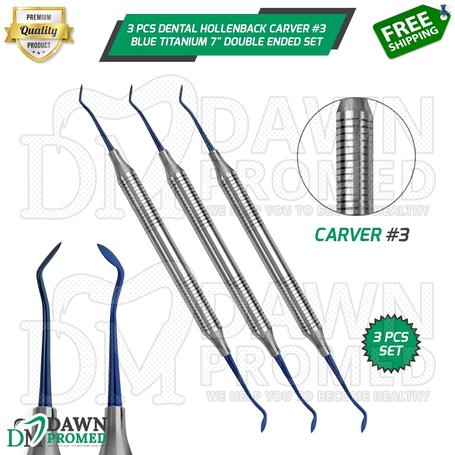 3 Pcs Hollenback Carver #3 Blue Titanium 7" Double Ended Dental ...