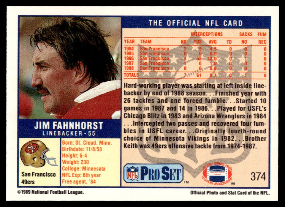 1989 Pro Set Jim Fahnhorst Rookie #374 San Francisco 49ers 93B | eBay
