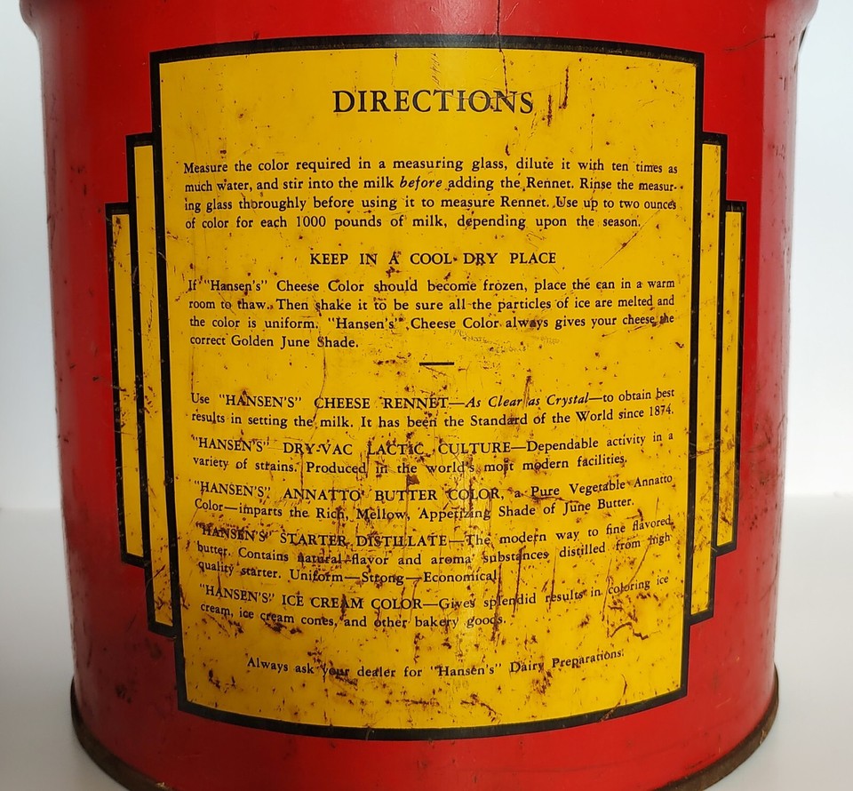 Vintage Red & Yellow Hansen's Cheese Color Milwaukee WI 5 Gal Metal ...