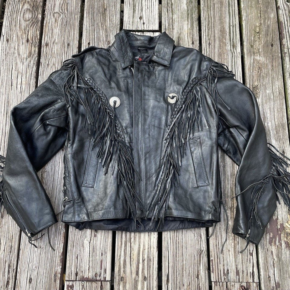 VTG BIKERS DREAM Black Motorcycle Biker METAL PUNK Fringe Jacket Men's ...