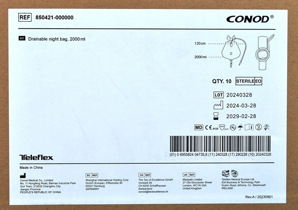 Teleflex-Conod Drainage Night Bags (850421) 2000ml, 120cm Tube, Lever ...