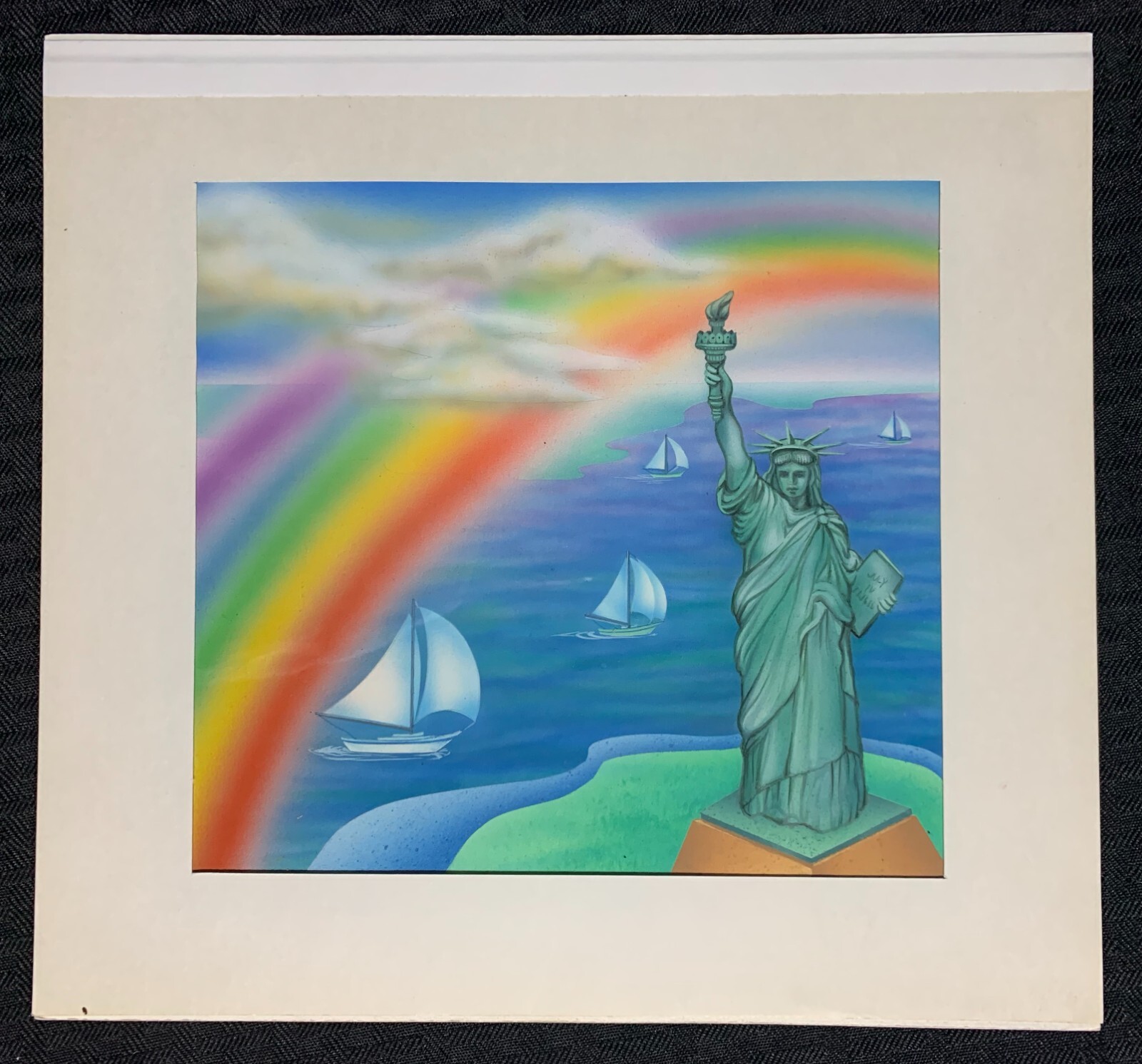 STATUE OF LIBERTY with Rainbow and Sailboats 10x9" Greeting Card Art # ...