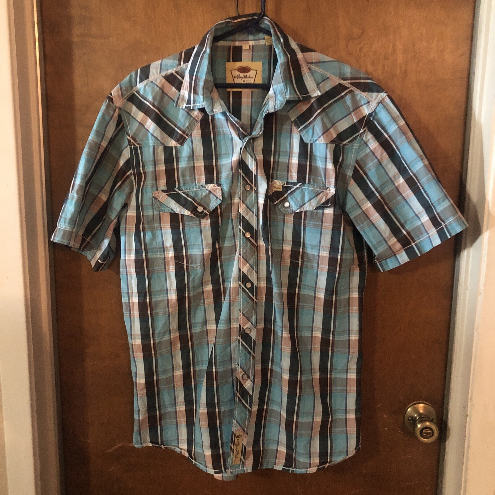 Larry Mayan plaid large short sleeve pearl button Slanted Front Pockets ...