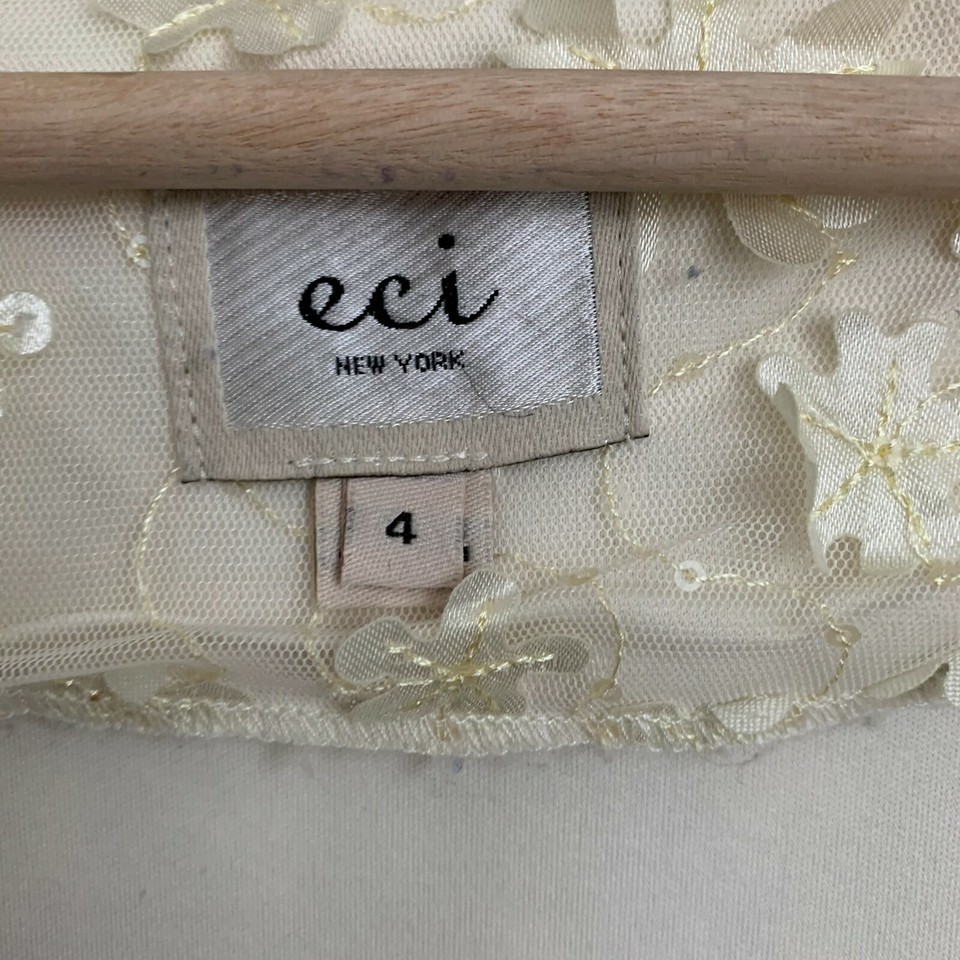 ECI New York Beige Jacket Collarless Sheer Floral Overlay Hook Eye Size ...