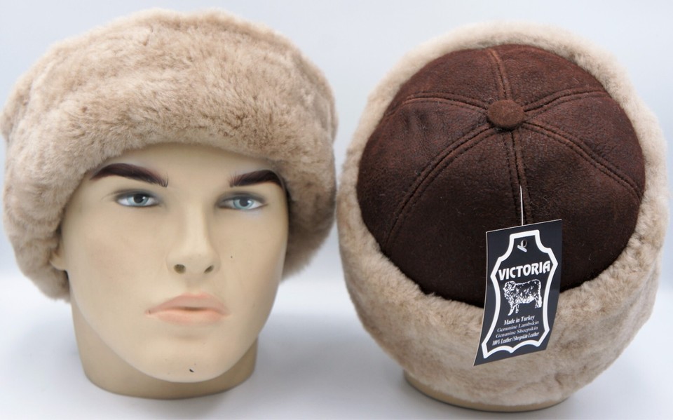 100% Sheepskin Shearling Leather Fur Beanie Round Bucket Hat S-3XL ...