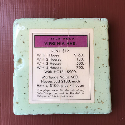 MONOPOLY DRINK COASTER - Virginia Ave Title Deed - Handmade, Upcycled ...