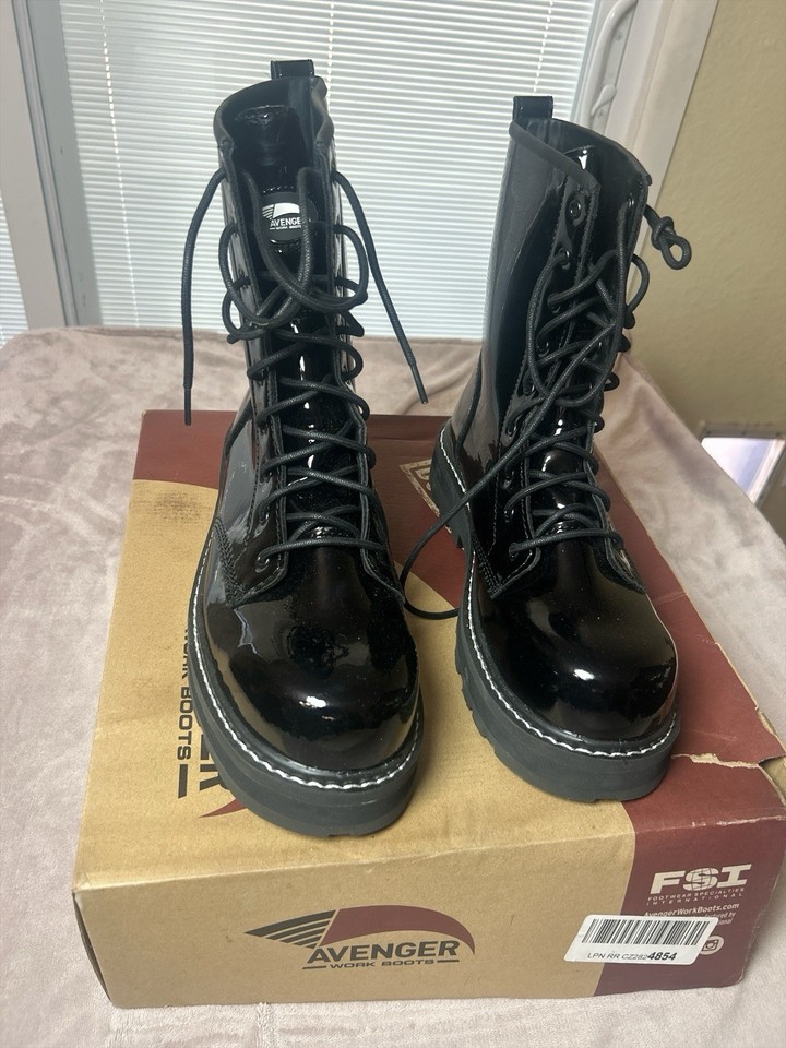 Avenger Fortune Work Boots Patent Womens 10B Black Combat Lace Up ...