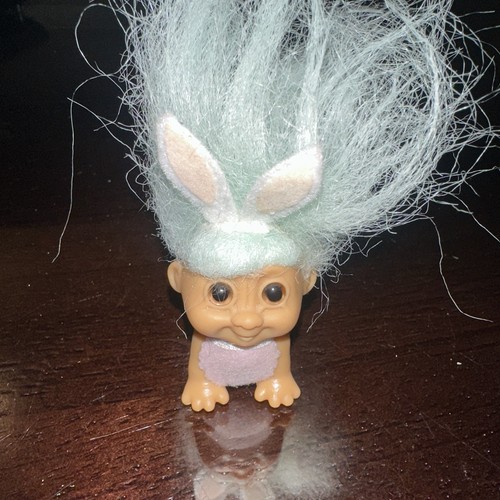 Vintage Easter Troll Doll Crawling Baby, Blue Hair, Pink Bib & Bunny ...