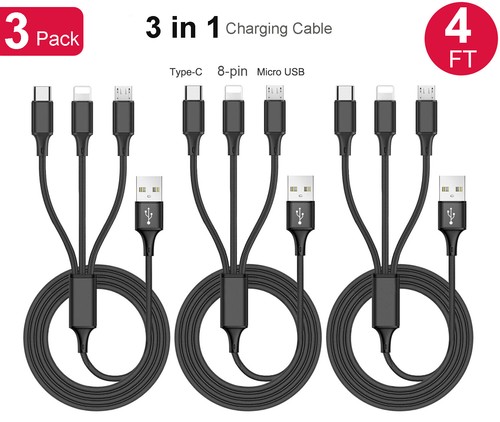 3 Pack 3 in 1 Multiple USB Cable Fast Charging Cord with Type C,Micro ...