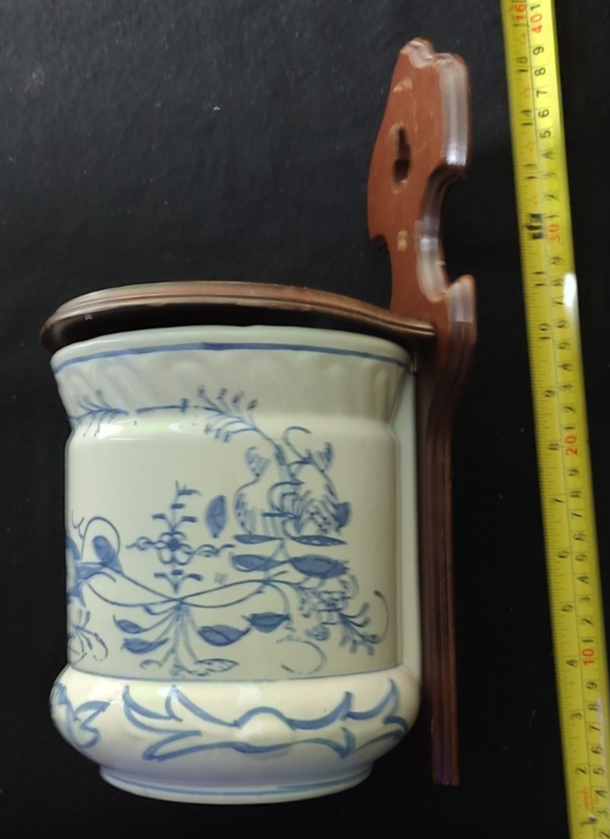 Large Vintage Porcelain Flow Blue Salt Box with Wooden Wall Mount ...