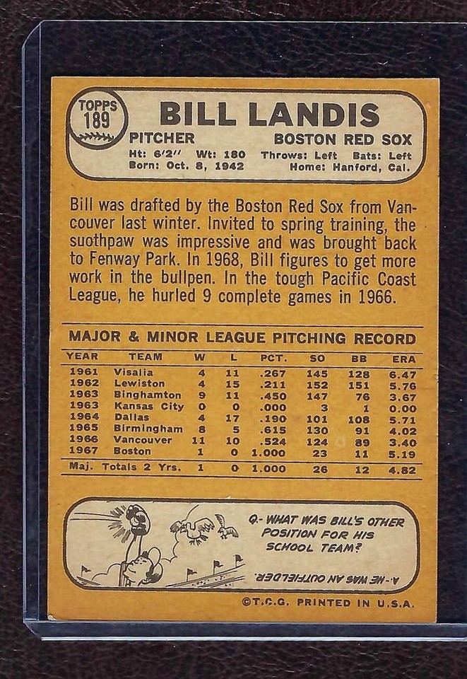 1968 Topps Baseball Card #189 Bill Landis, Boston Red Sox, EX-MT! | eBay