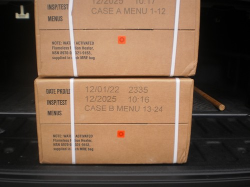 2 CASES / MRE'S 1 CASE A AND 1 CASE B 24 DIFFERENT MEALS CASES INSP/ 12 ...
