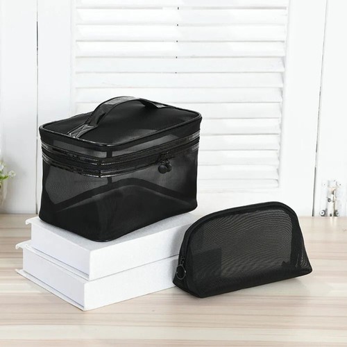 Black Cosmetic Bag Mesh Toiletry Bags Travel Organizer Women Men | eBay ...