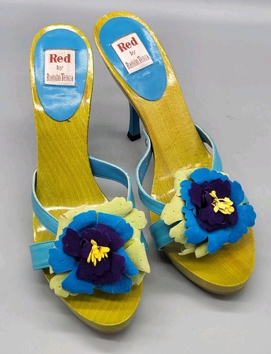 Red By Ramon Tenza Aqua Lime Green Floral 4.5" Heel Slide Sandal Wood ...