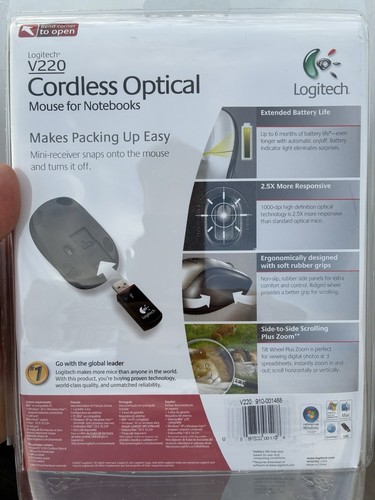 Logitech V220 Cordless Optical Mouse for Notebooks Laptops New Unopened ...